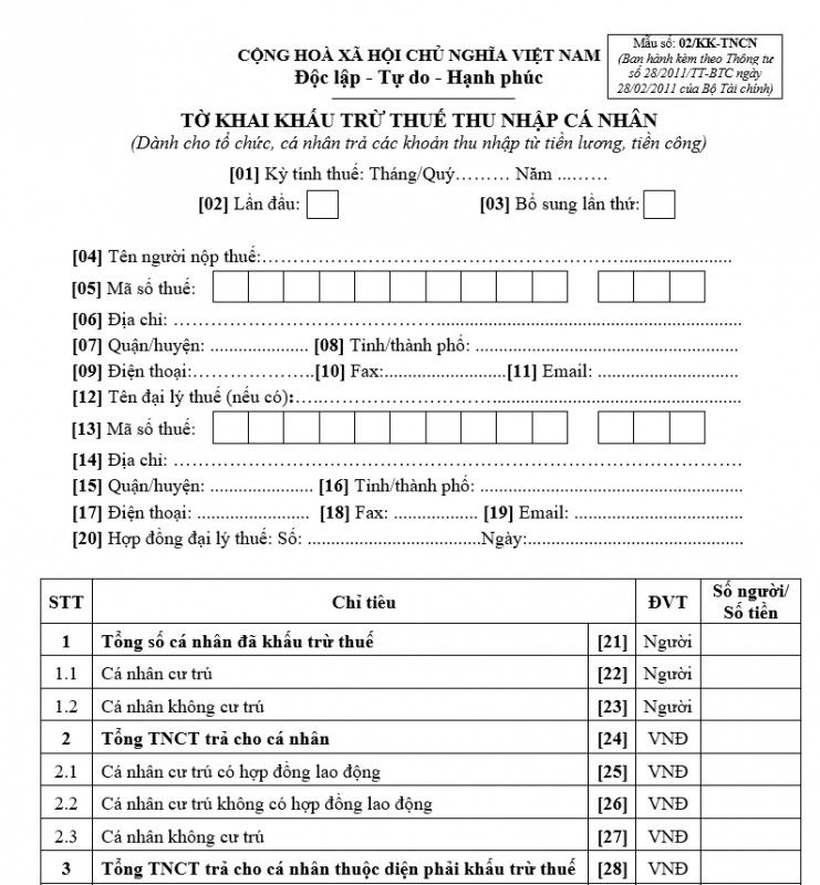 Mẫu số 02/KK-TNCN : Tờ khai khấu trừ thuế TNCN dành cho tổ chức, cá nhân trả các khoản thu nhập ...